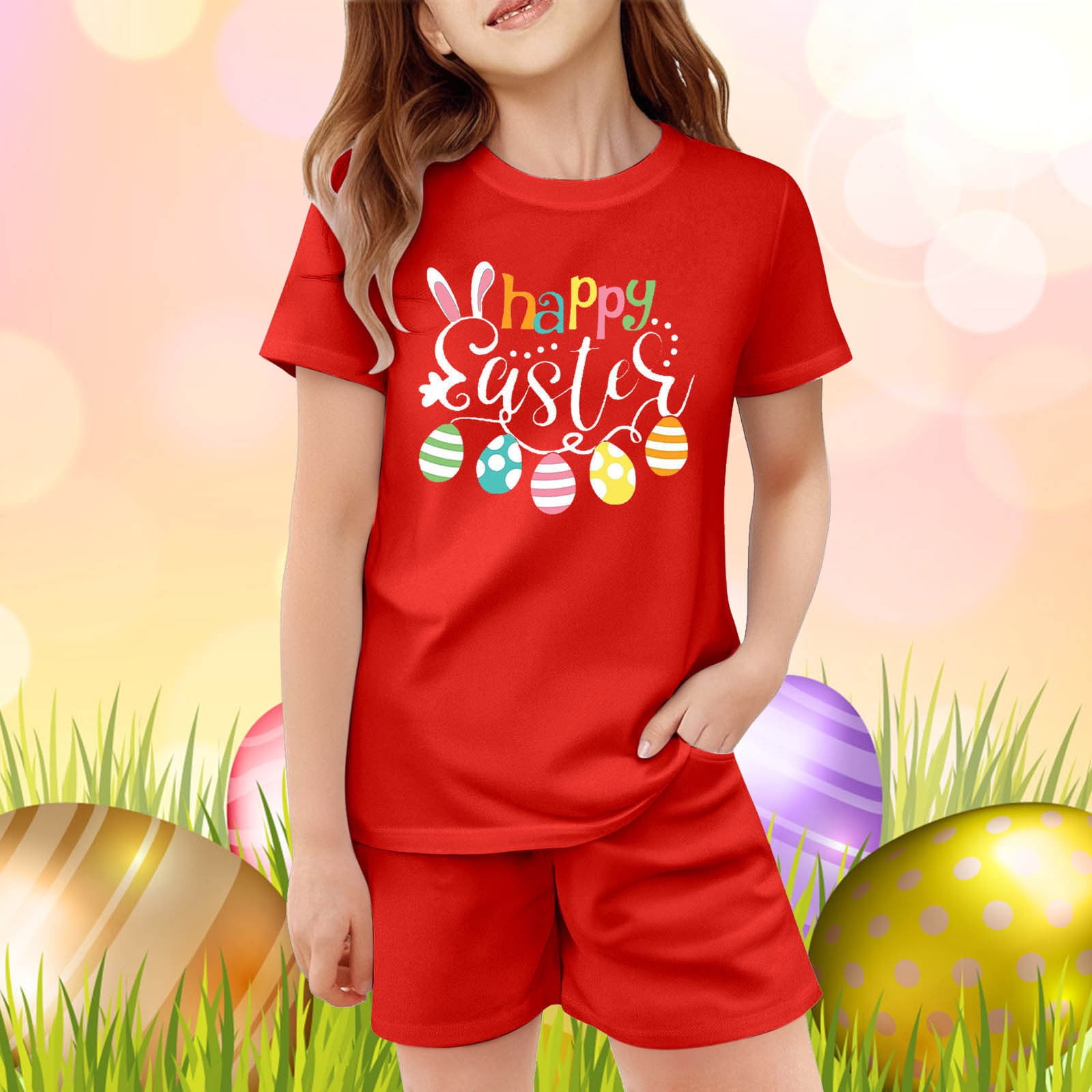 FASHOFT Girls Easter Outfit Cartoon Bunny Prints Short Sleeve Shirts ...