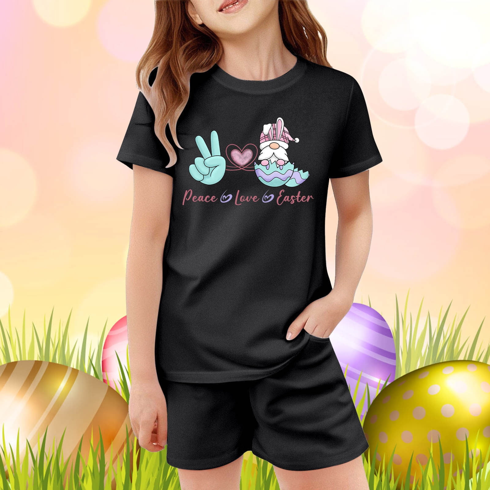 FASHOFT Girls Easter Outfit Cute Cartoon Bunny Graphic Short Sleeve ...