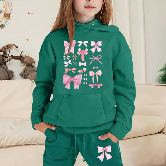 FASHOFT Girls Sweatsuit 2 Piece Outfits Set Bow Graphic Drop Shoulder ...