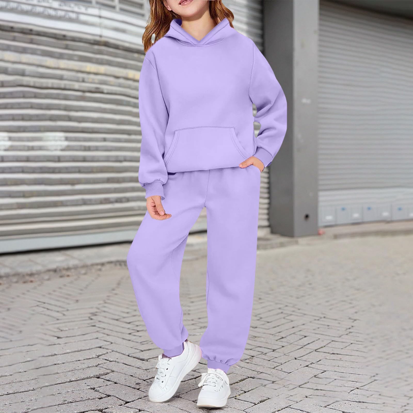 FASHOFT Girls Sweatsuit 2 Piece Outfits Solid Hooded Sweatshirt and ...