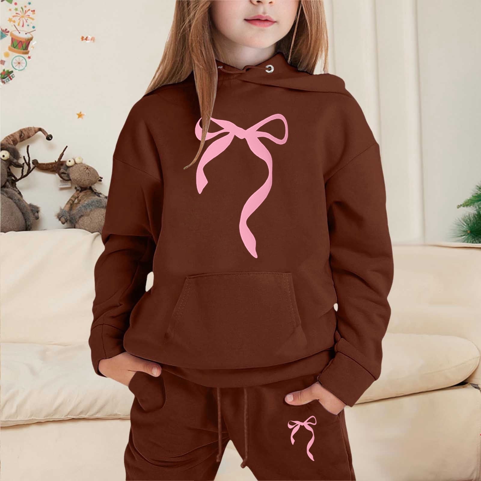 FASHOFT Girls Sweatsuit Set 2 Piece Cute Bow Graphic Outfits Hooded ...