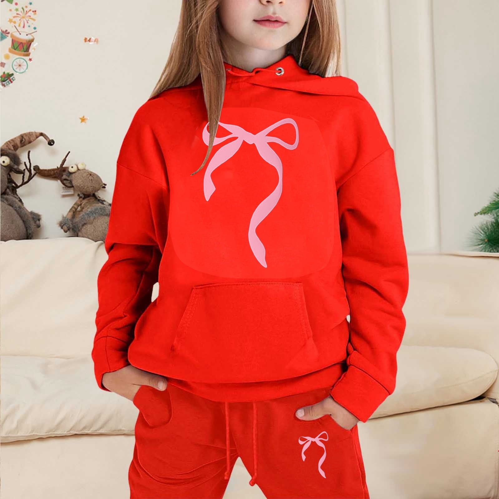 FASHOFT Girls Sweatsuit Set 2 Piece Cute Bow Graphic Outfits Hooded ...