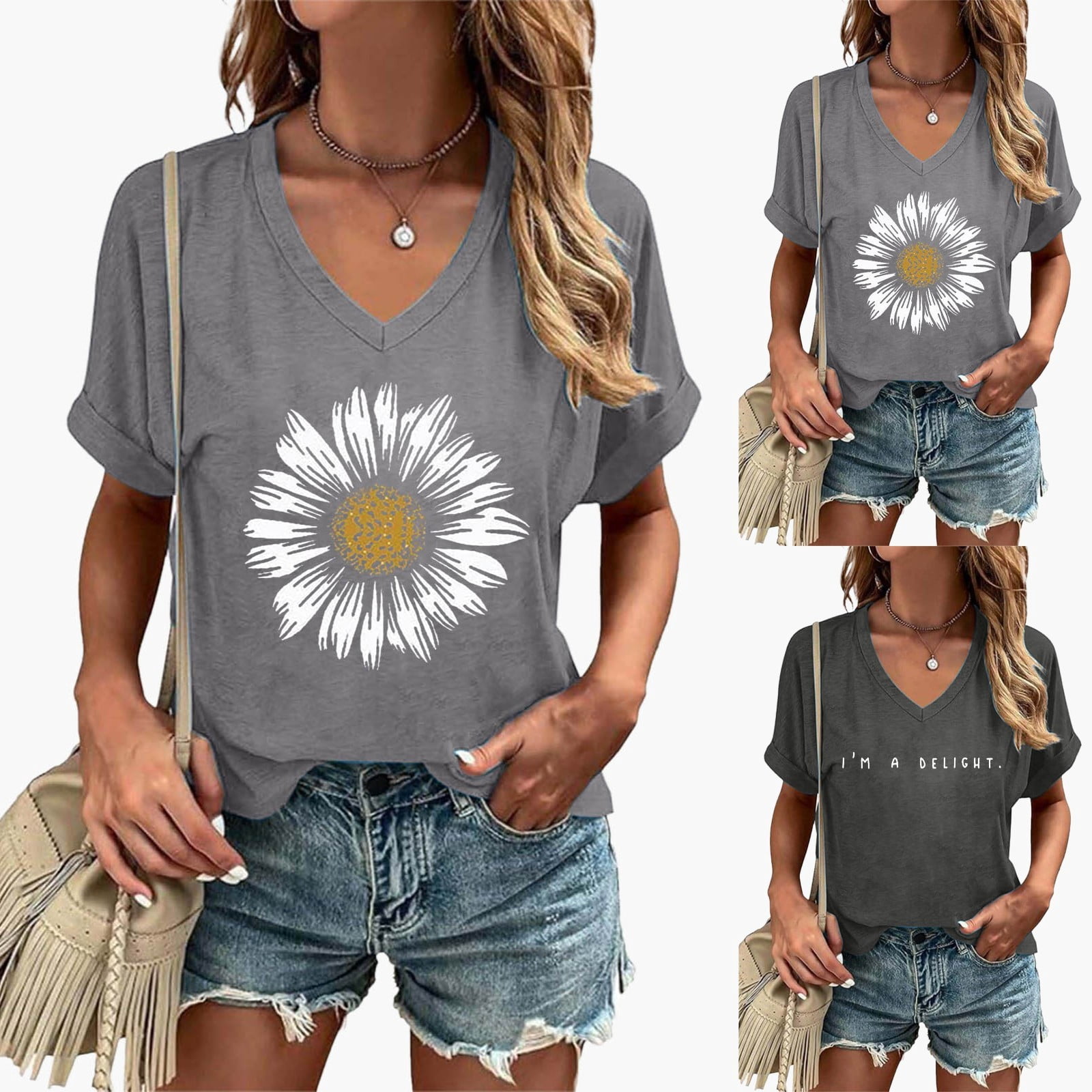 FASHOFT Graphic Tees For Women Trendy Wild Flower Printed V Neck Loose ...