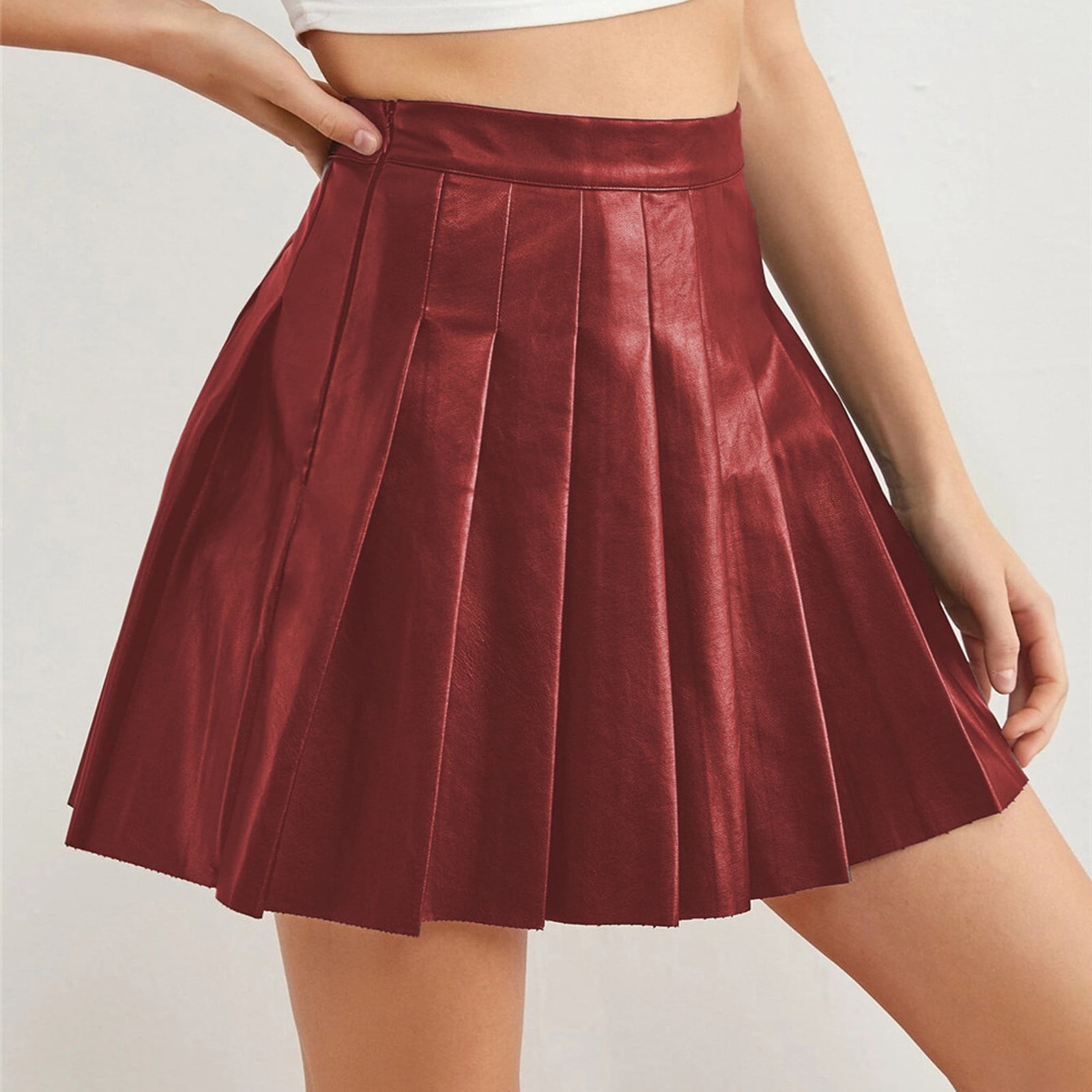 FASHOFT Leather Skirt For Women Pleated Leather Skirt A Line Above Knee ...