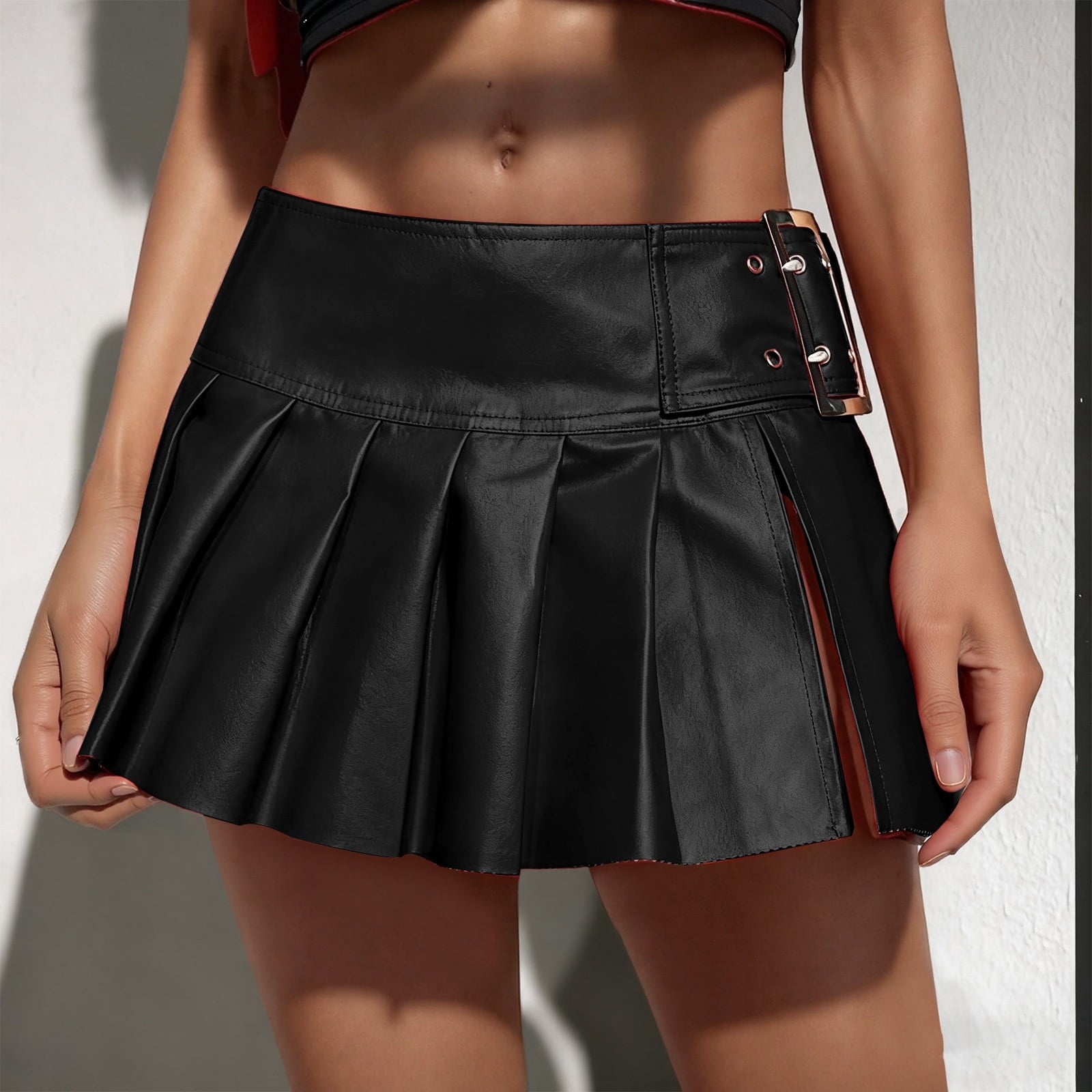 FASHOFT Leather Skirt For Women Waist Defined Slim Faux Leather Pleated ...