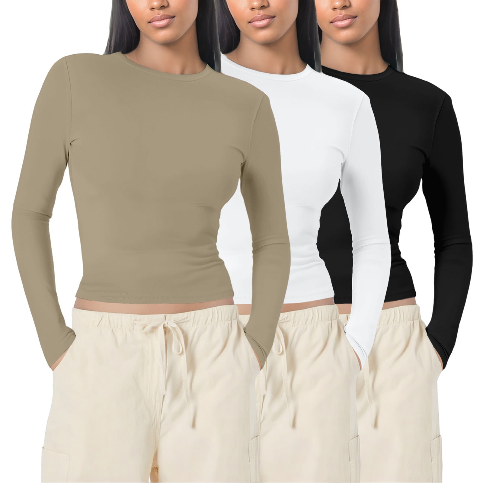 FASHOFT Long Sleeve Shirts for Women 3 Packs Crew Neck Stretchy Fitted ...