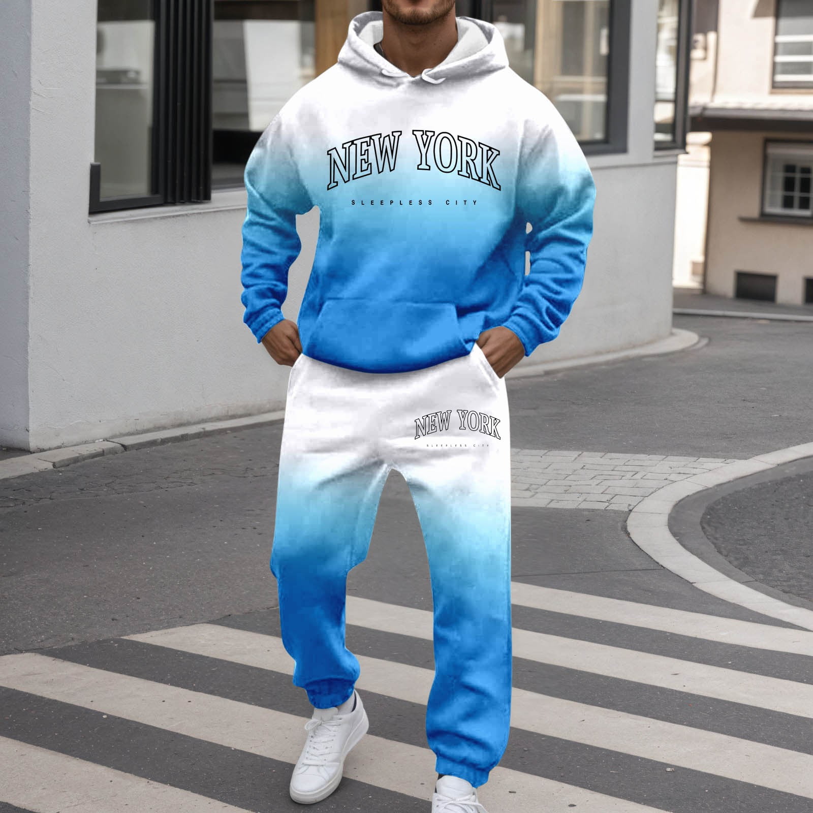 FASHOFT Mens Sweat Suit Gradient Color New York Letter Print Hoodie and ...