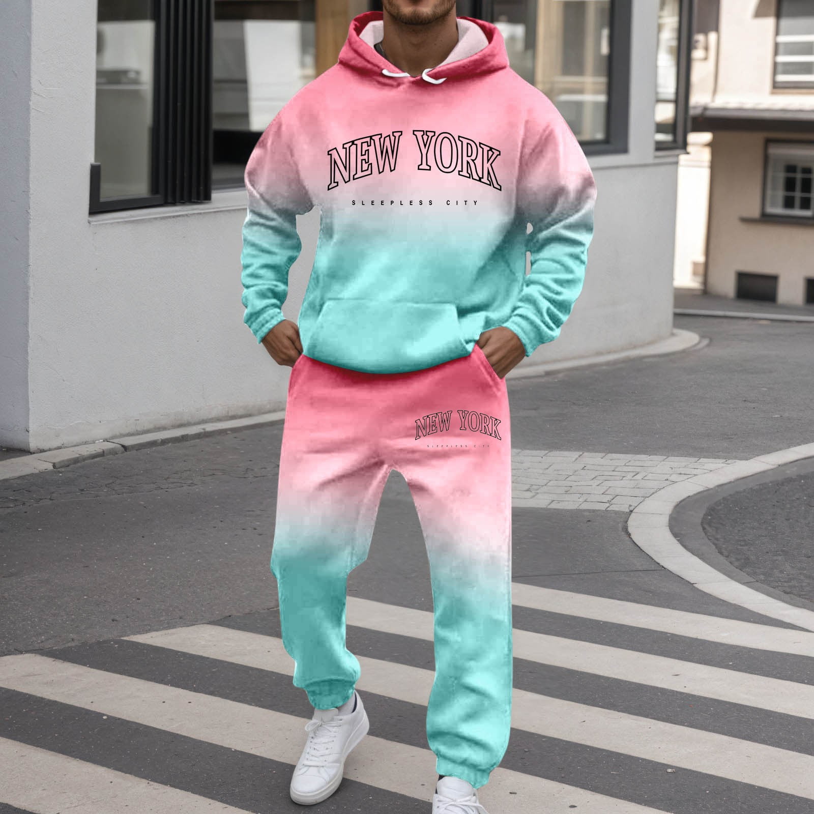 FASHOFT Mens Sweat Suit Gradient Color New York Letter Print Hoodie and ...