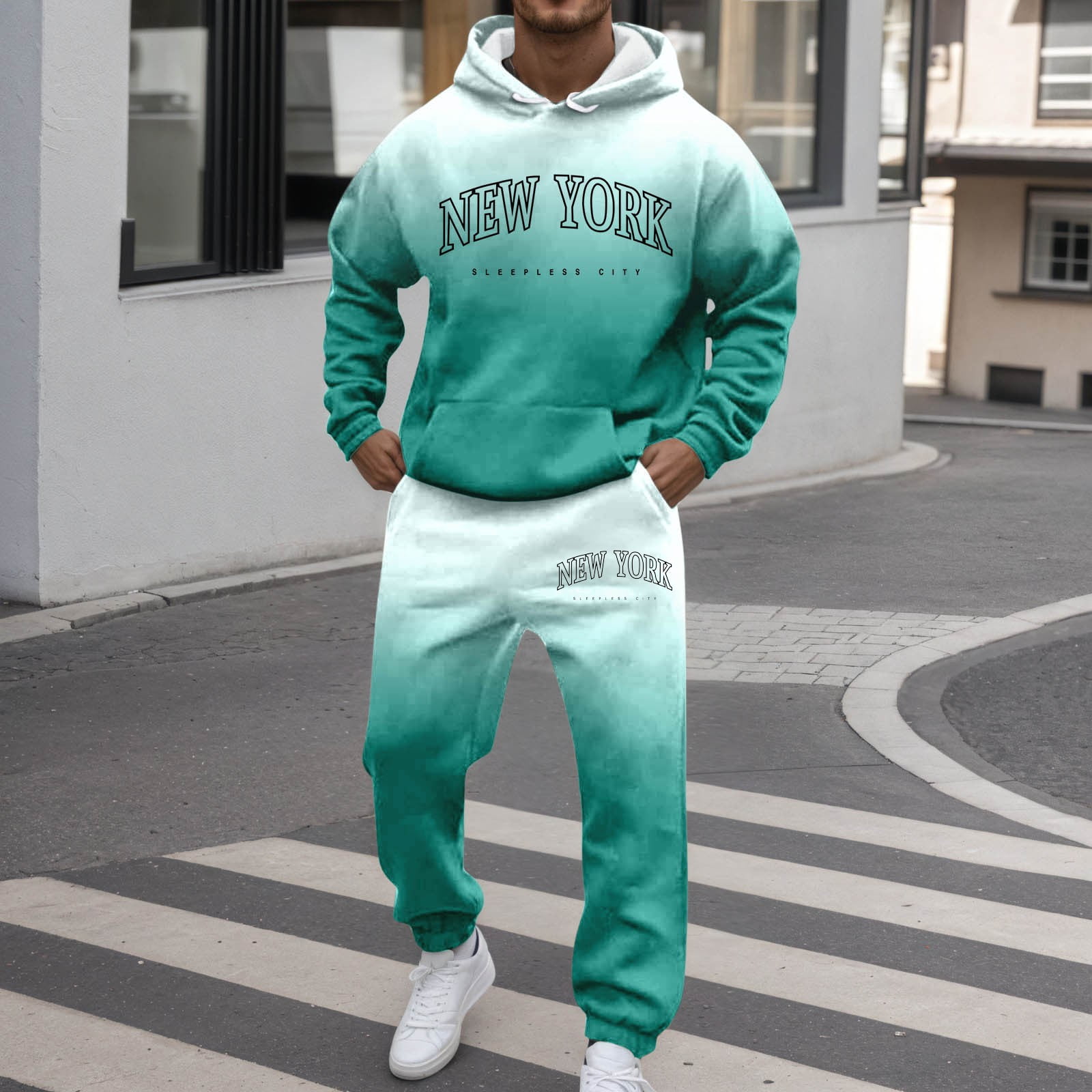 FASHOFT Mens Sweat Suit Gradient Color New York Letter Print Hoodie and ...