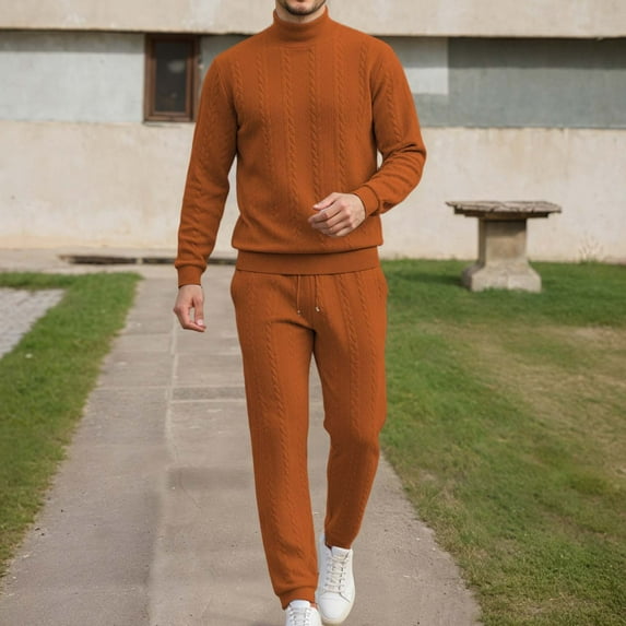 FASHOFT Mens Sweatsuit Knit Jacquard 2 Piece Long Sleeve Pullover ...