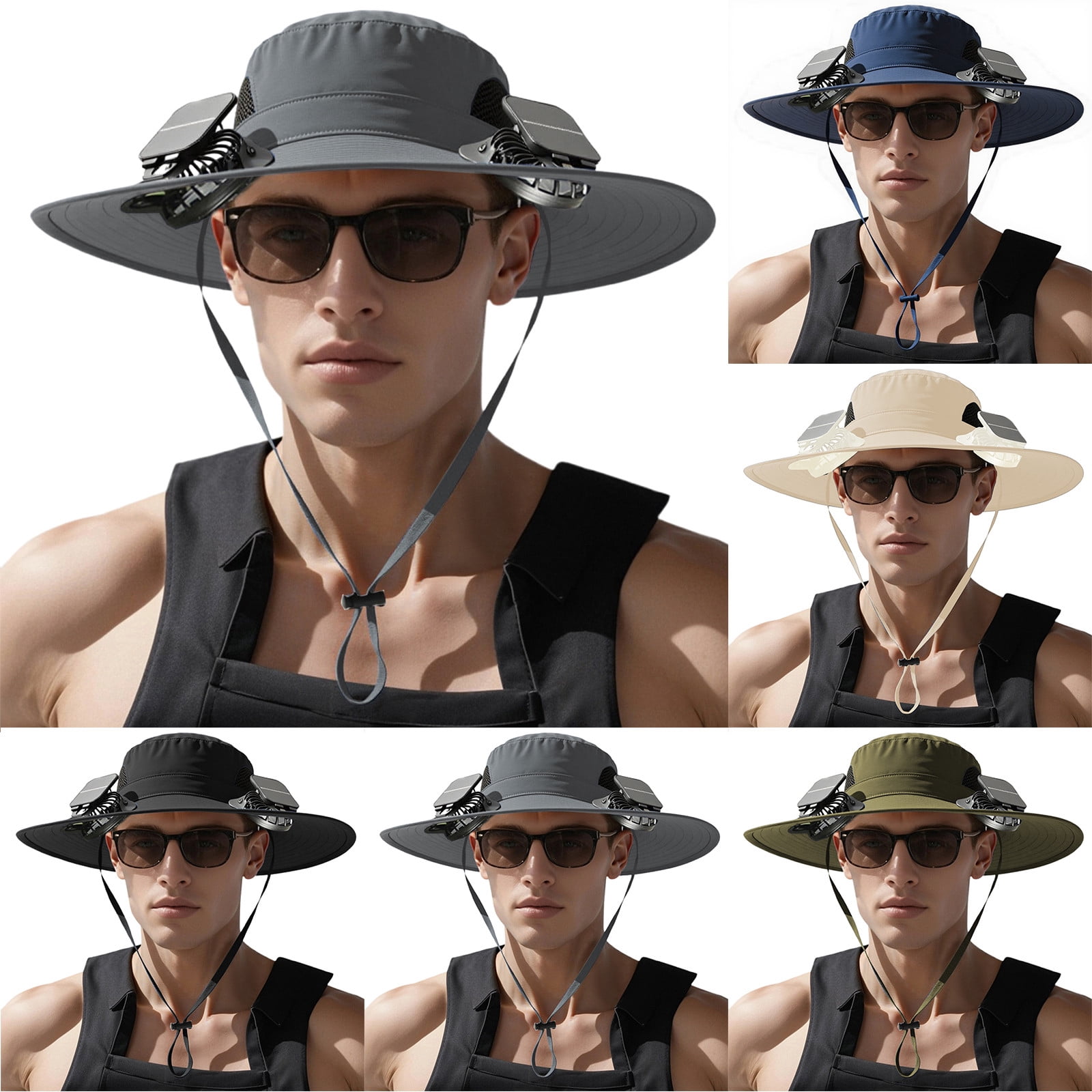 FASHOFT Solar Fan Hats for Men Double Fan Solar Charging Wide Brim Hat ...