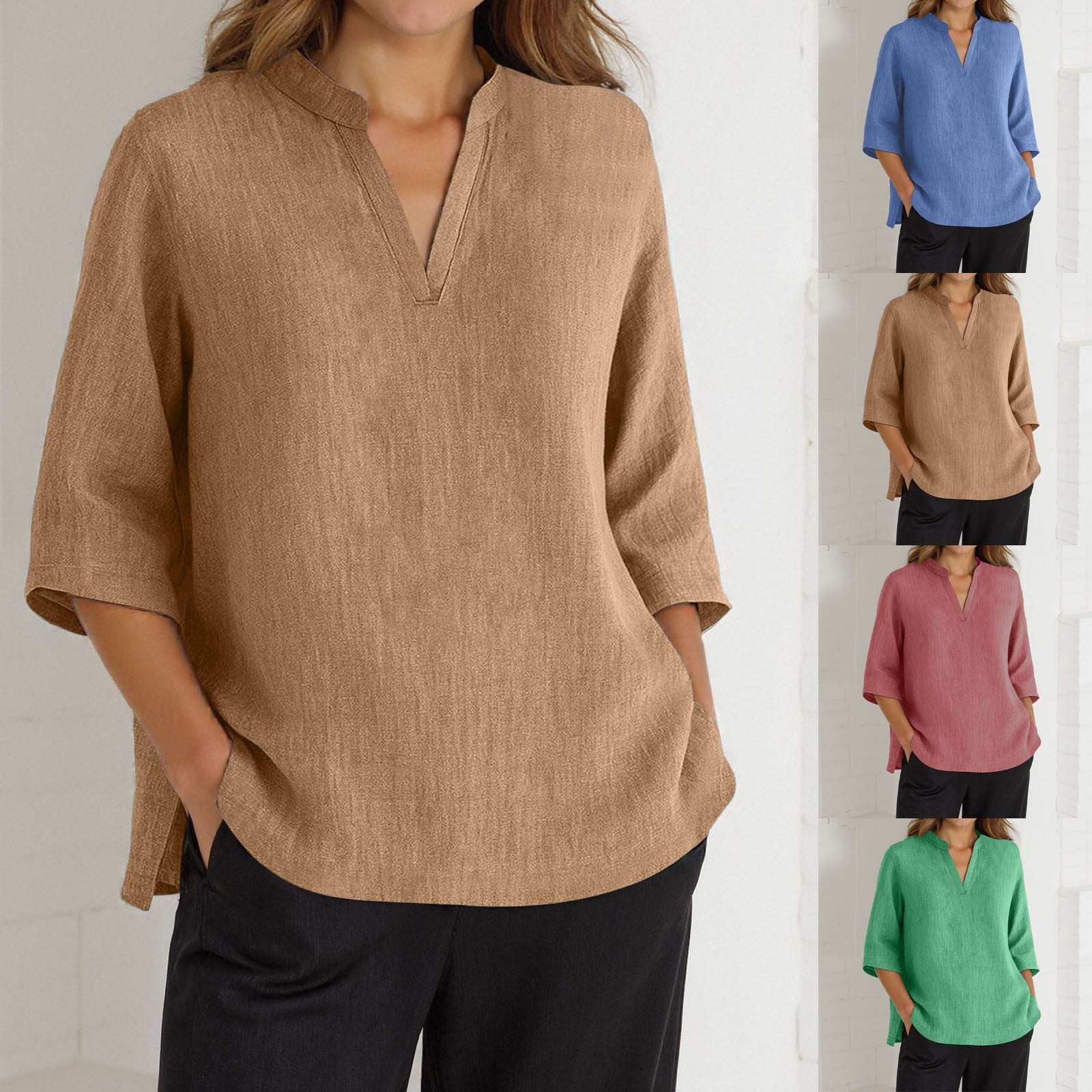 FASHOFT Summer Blouse for Women V Neck 3/4 Sleeve Cotton Linen Loose ...
