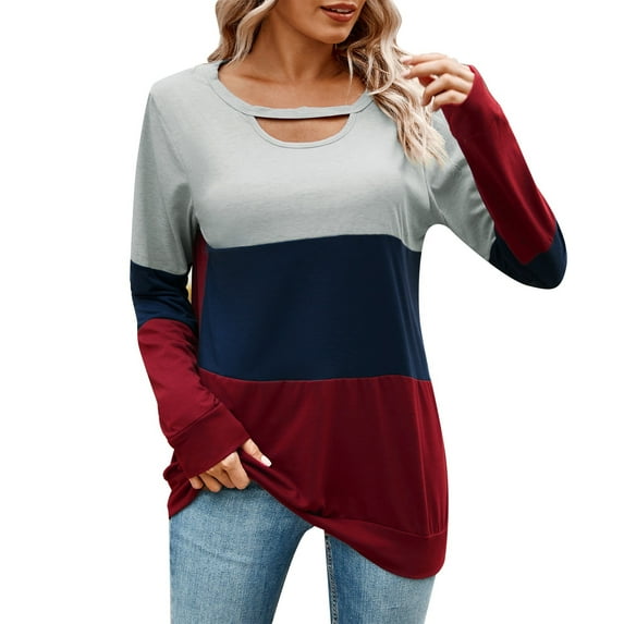FASHOFT Trendy Womens Long Sleeve Tops V Neck Color Block Casual Loose ...