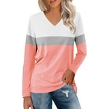 FASHOFT V Neck T Shirts for Women Color Block Long Sleeve Tops Casual ...
