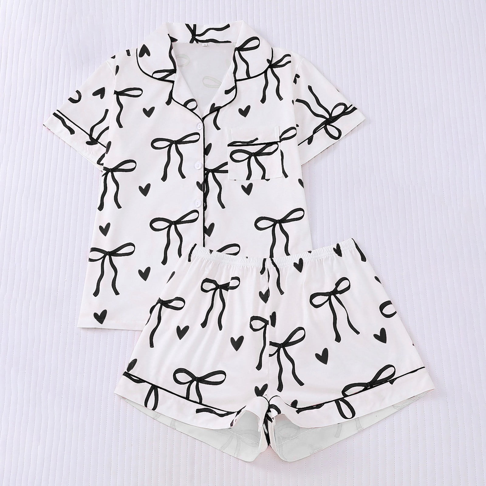 FASHOFT Valentine's Day Pajamas for Women Set Bow Printing Button Up ...