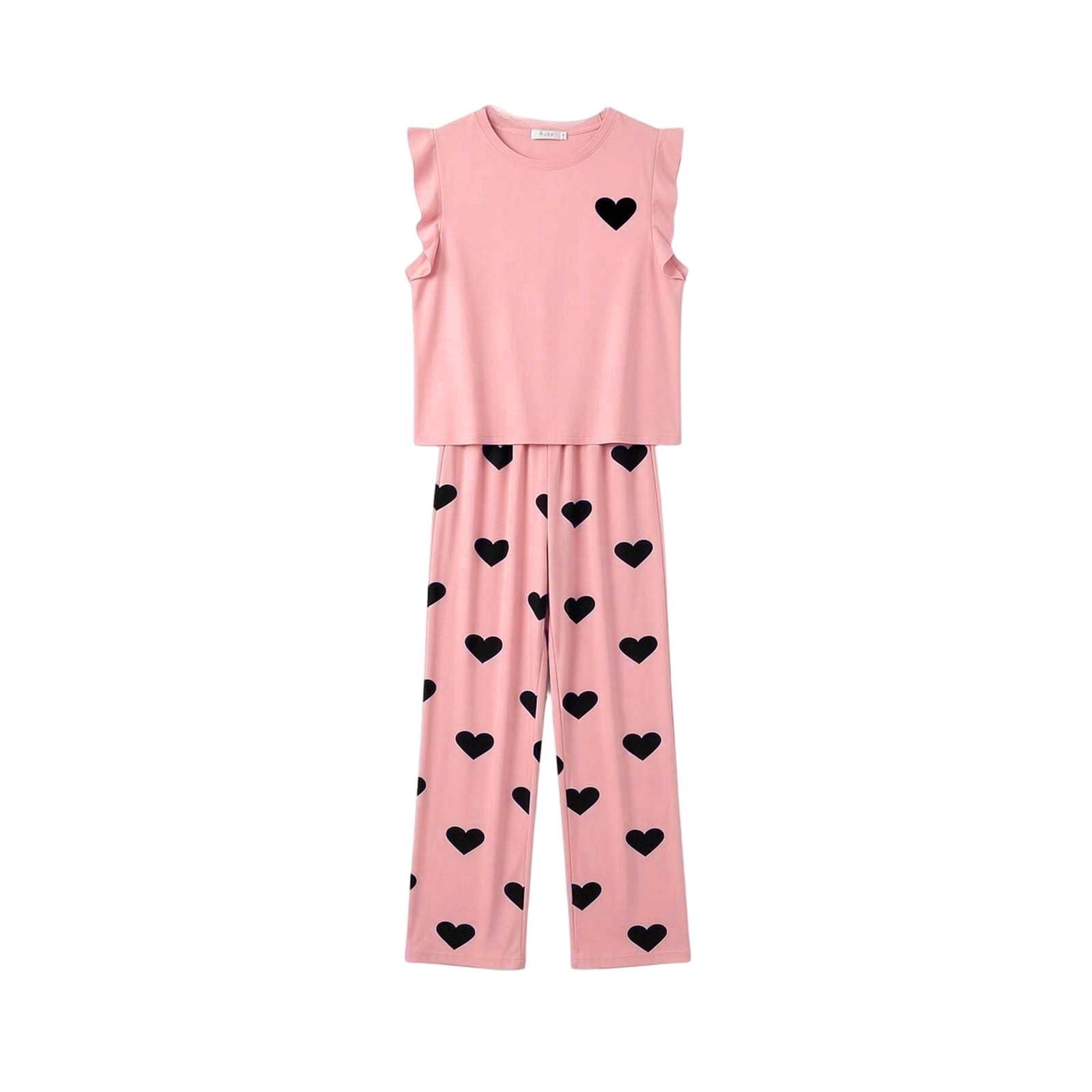 FASHOFT Valentines Pajamas for Women Set Hearts Print Ruffle Sleeve ...