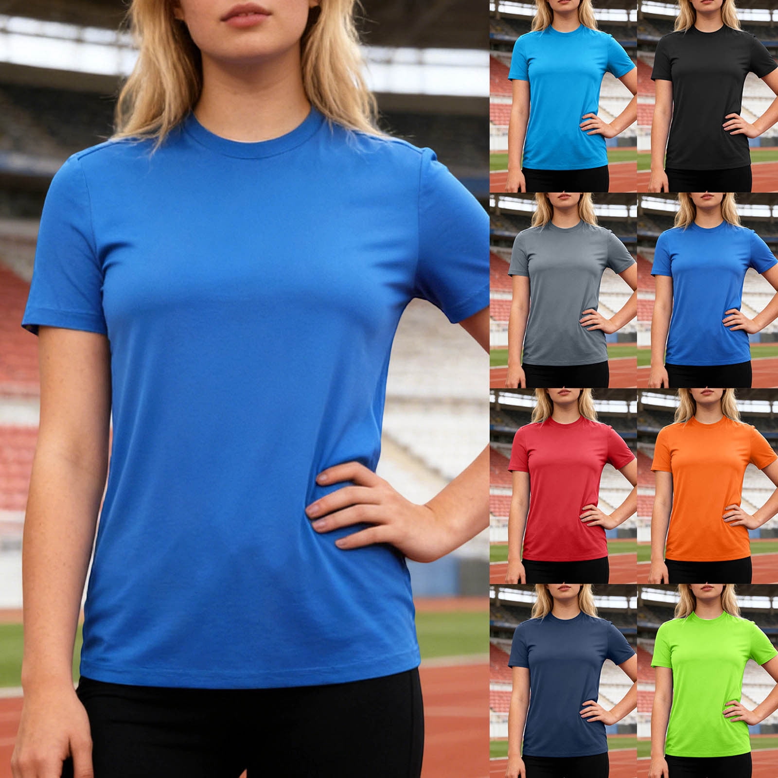 FASHOFT Women's Short Sleeve Sport Stretch Fabric Casual Summer Round ...