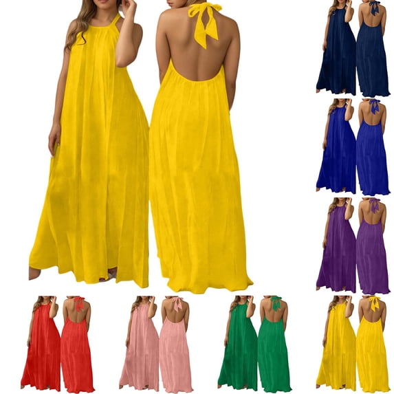 FASHOFT Women's Solid Color Backless Cami Dress Halter Open Back Maxi ...