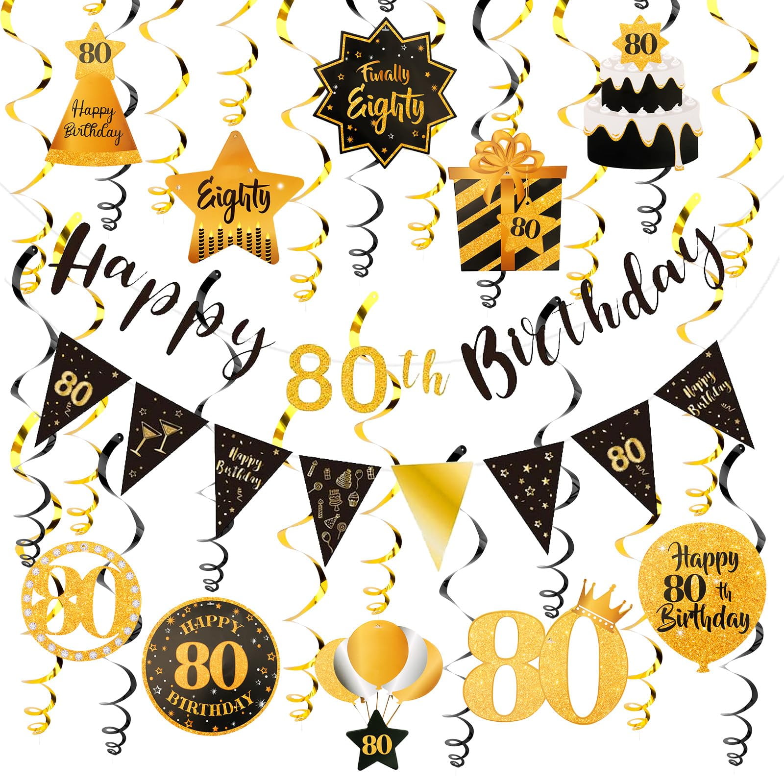 FASOTY 80th Birthday Decorations MMF7 Black Gold 80th Birthday ...