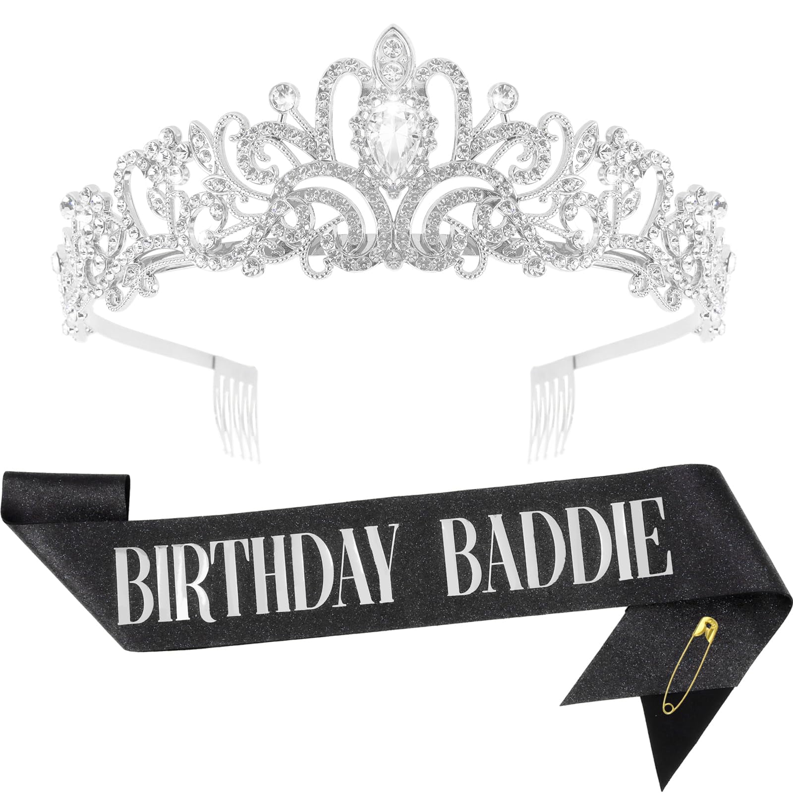 FASOTY Birthday Baddie Sash STF9 and Crown Tiara - Black Glitter Sash ...