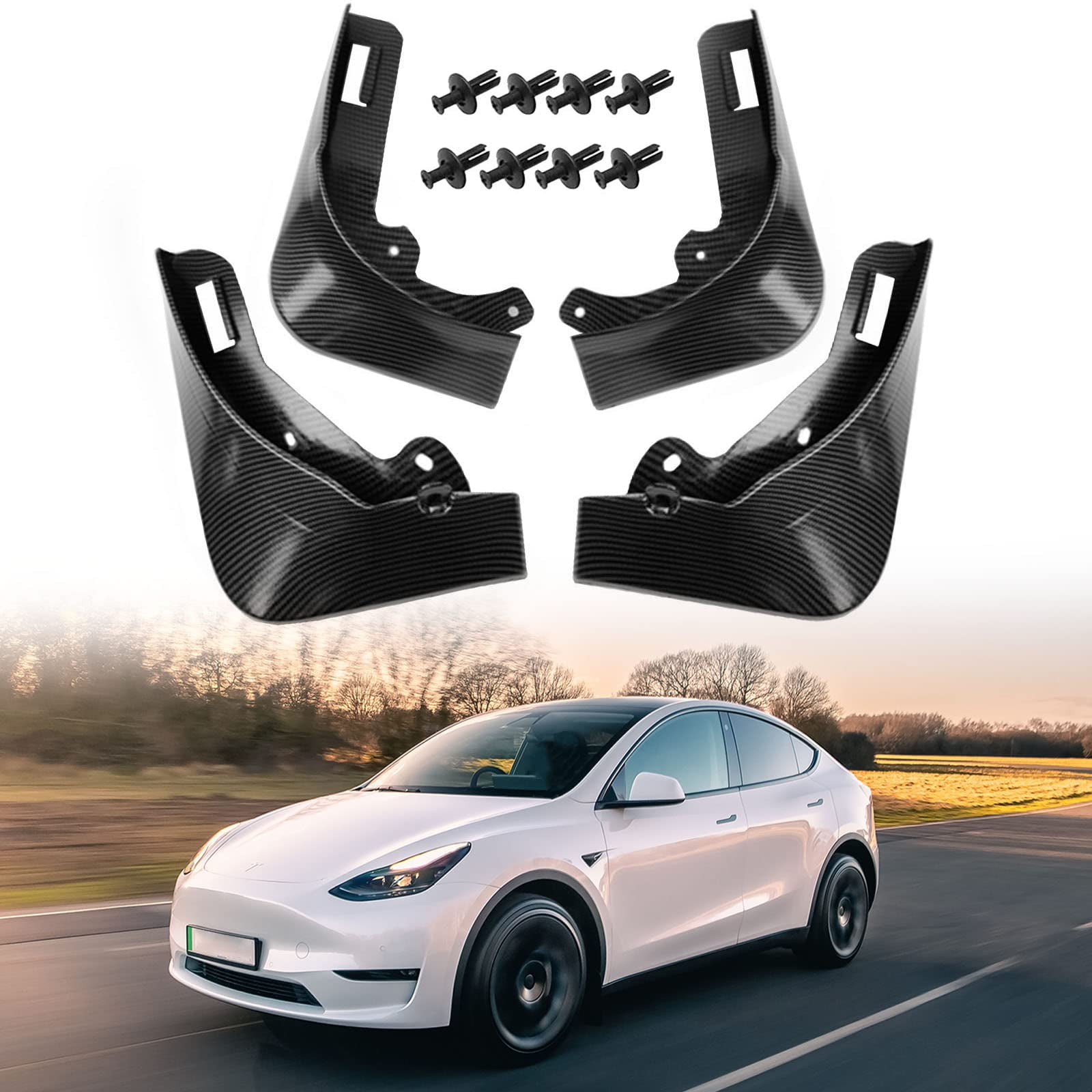 FASTCHE Tesla Model Y Mud Flaps Carbon Fiber Pattern No Drill Mudflaps ...