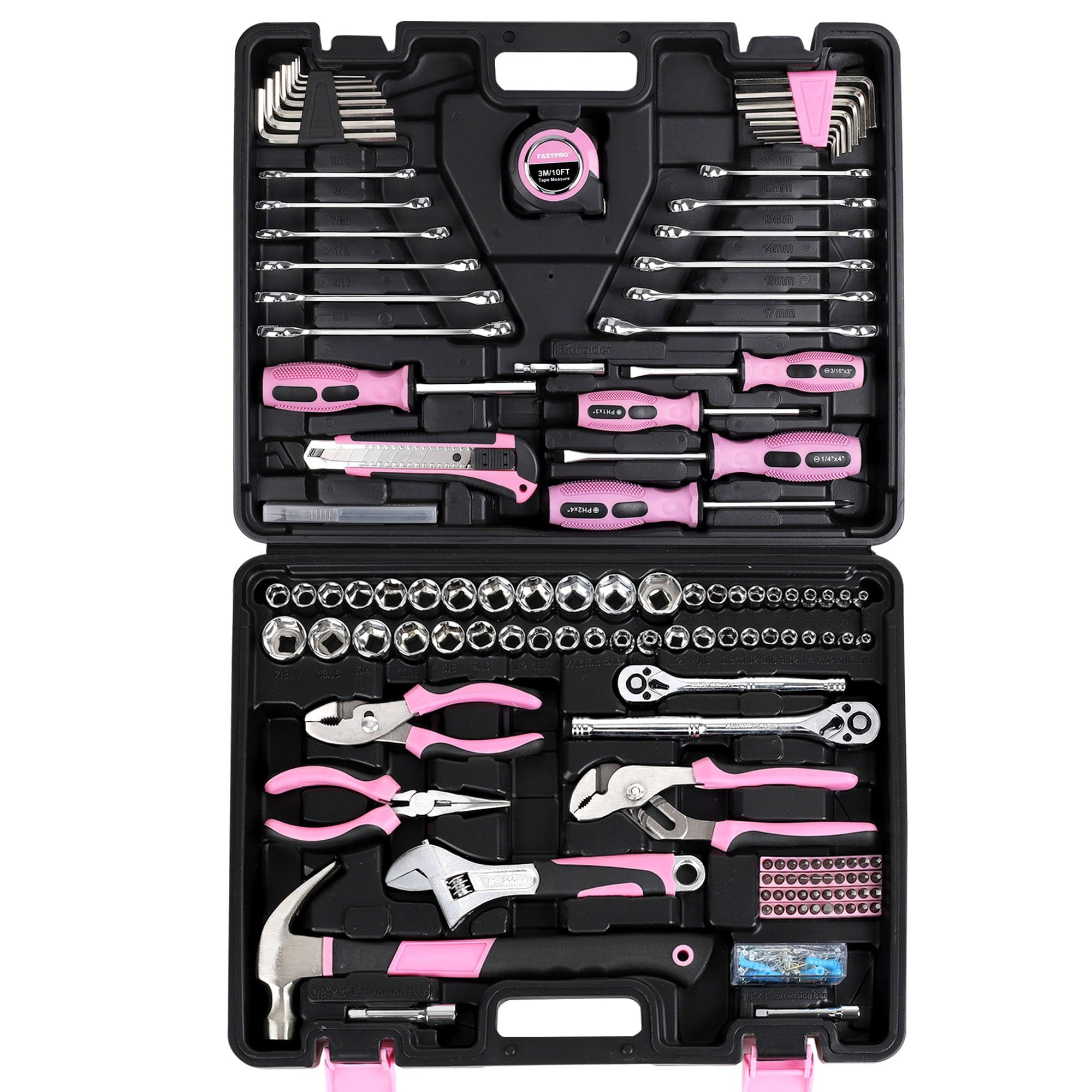 FASTPRO 225-Piece Pink Tool Set, SAE & Metric Mechanics Hand Tool Set with Toolbox, Home/Auto ...
