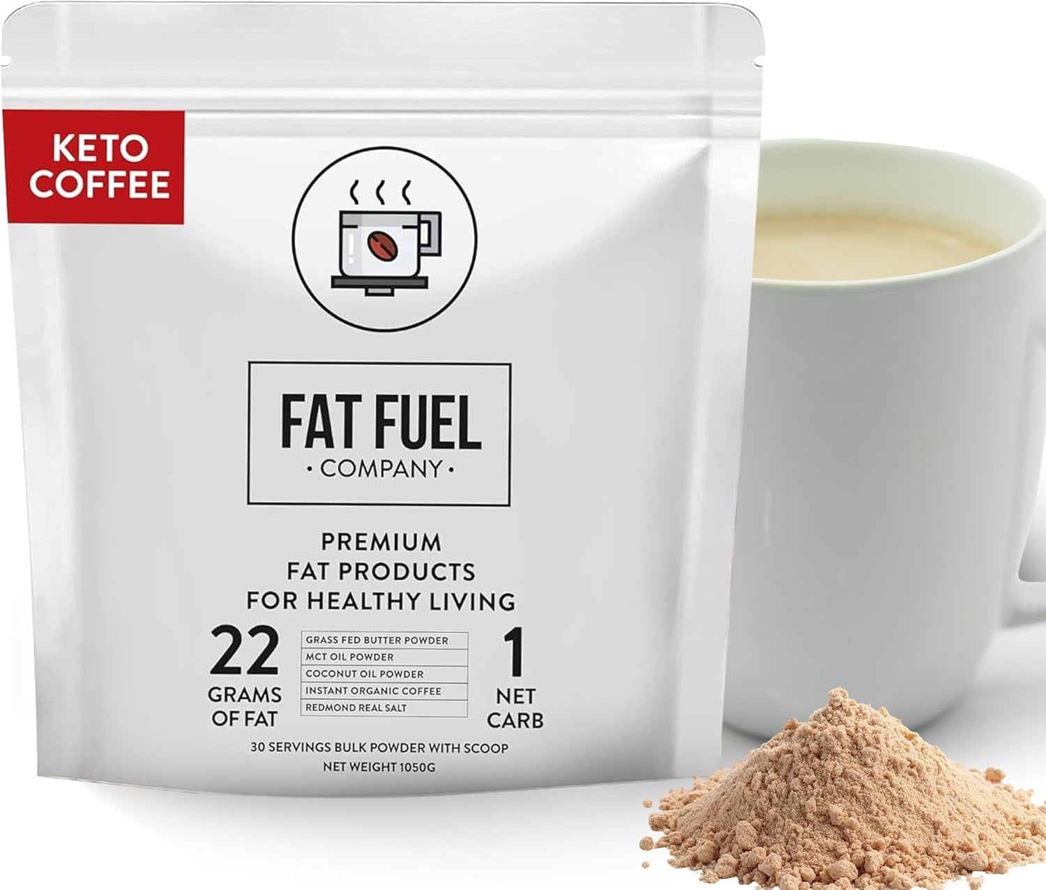 FAT FUEL Keto Coffee 22g Premium Fats - With Grass Fed Butter, MCT Oil, Coconut & Redmond Real ...
