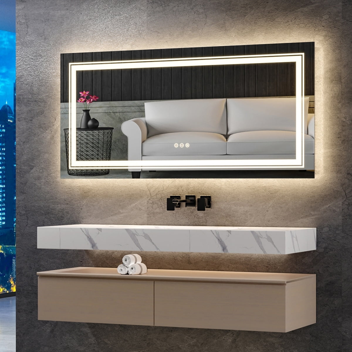 FATIVO Large Rectangular Frameless Aluminum Back LED Wall Bathroom ...