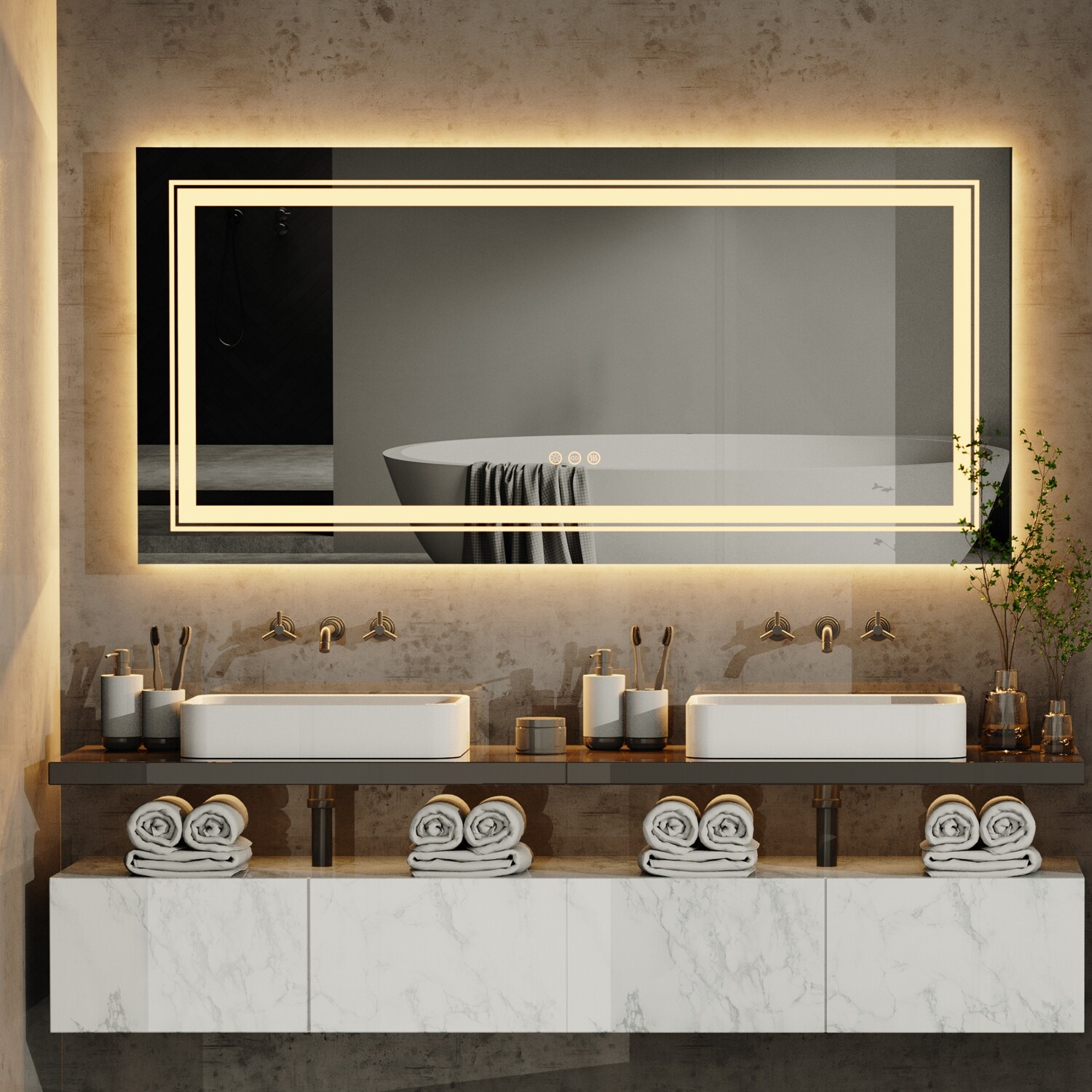 FATIVO Large Rectangular Frameless Aluminum Back LED Wall Bathroom ...