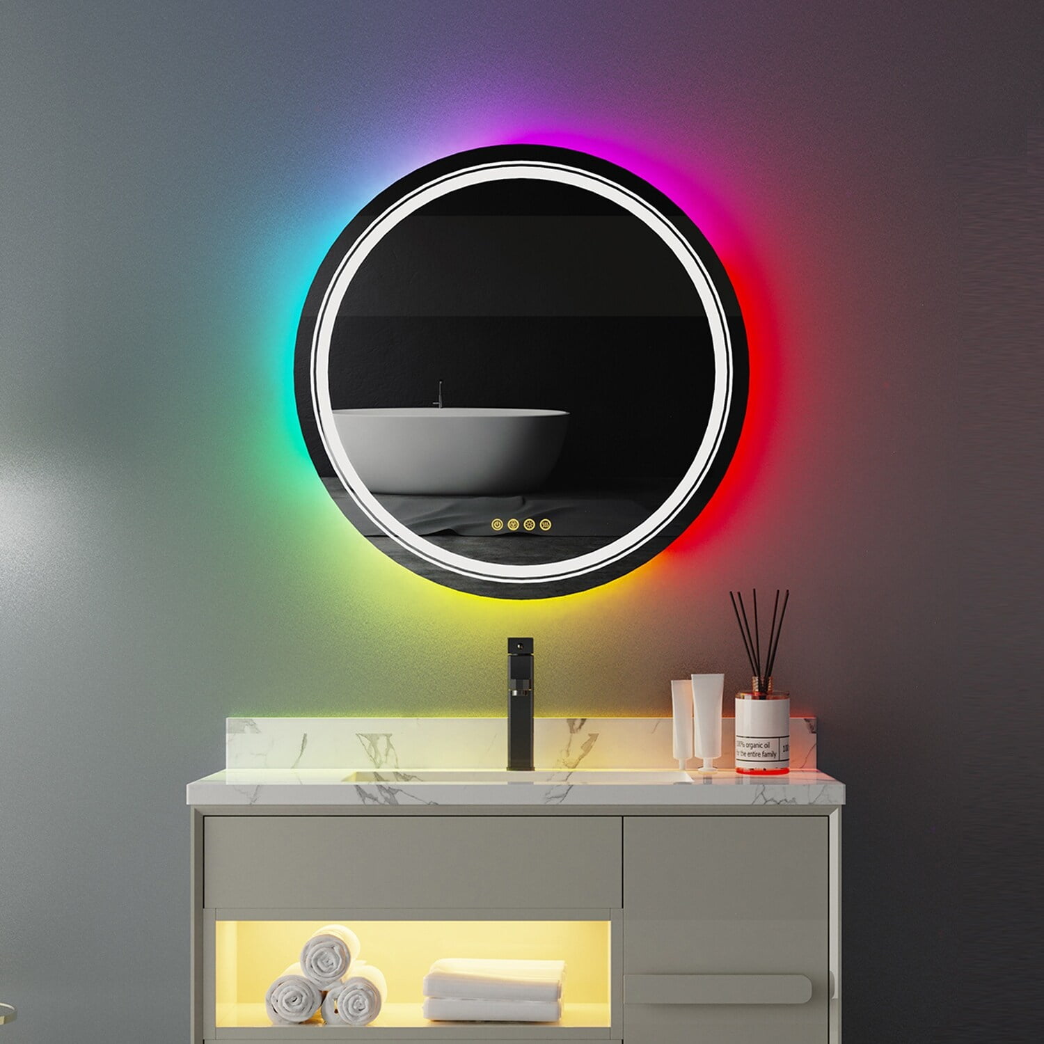 FATIVO Wall Bathroom Mirror Frameless 8 Color RGB Backlit 3 Front ...