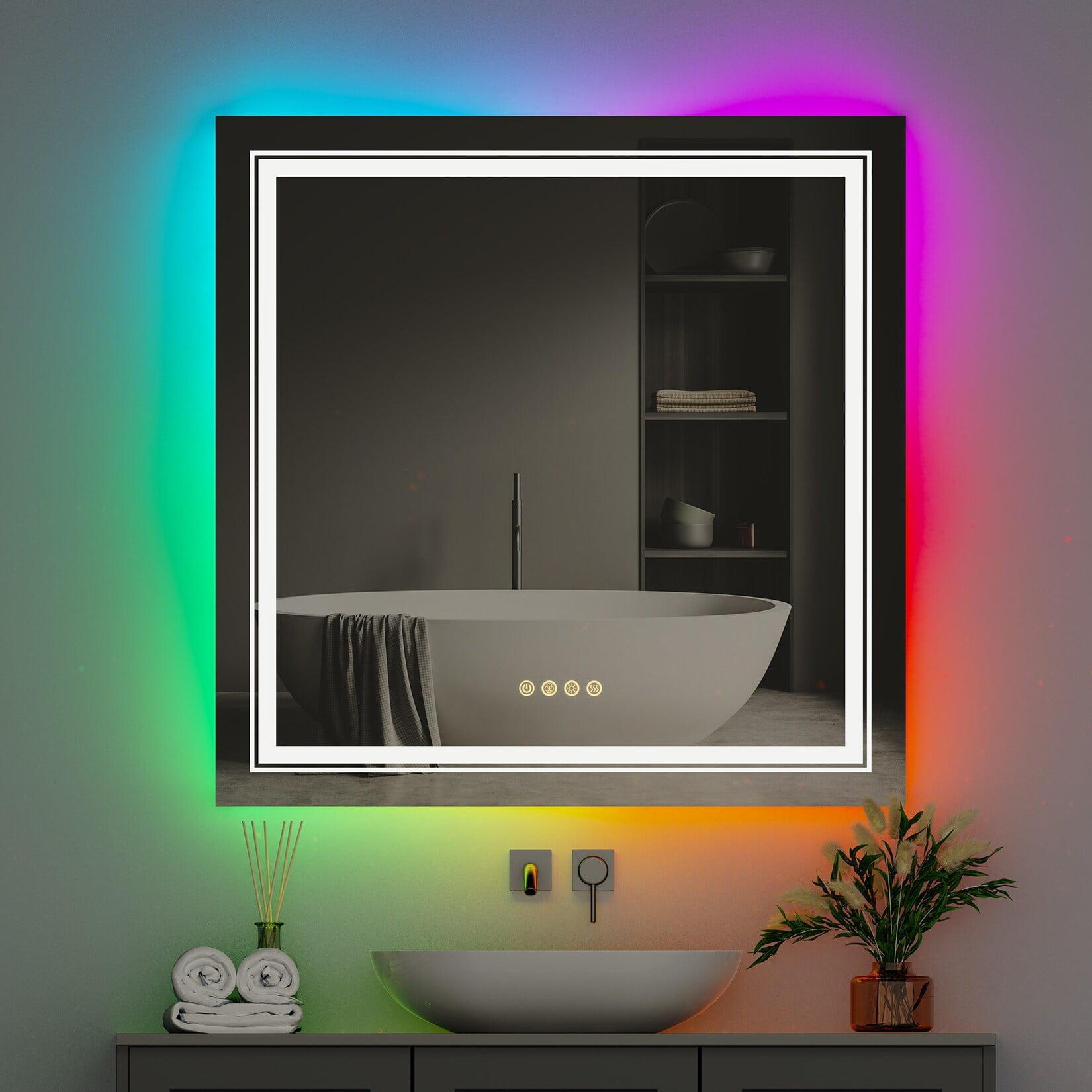 FATIVO Wall Bathroom Mirror Frameless 8 Color RGB Backlit 3 Front ...