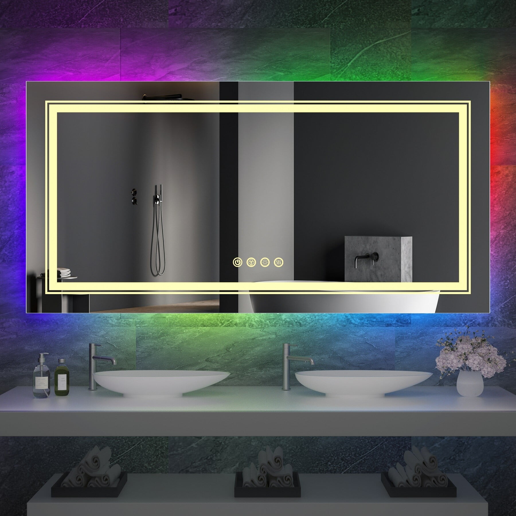FATIVO Wall Bathroom Mirror Frameless 8 Color RGB Backlit 3 Front ...