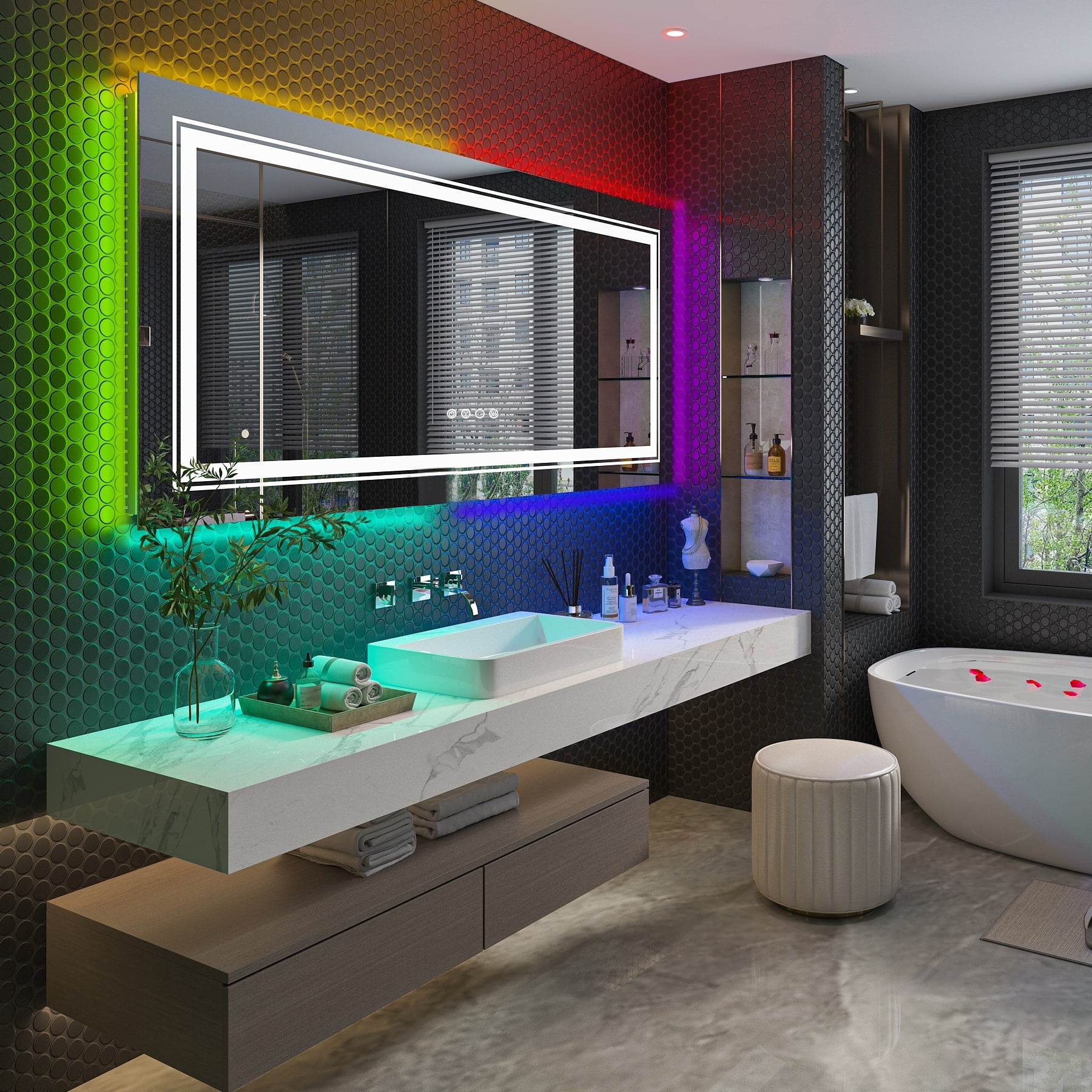FATIVO Wall Bathroom Mirror Frameless 8 Color RGB Backlit 3 Front ...