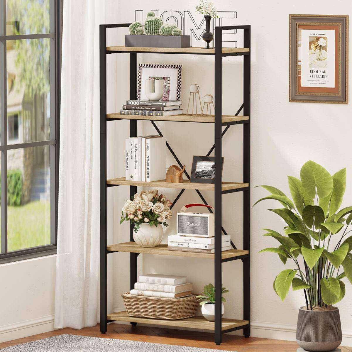 FATORRI 5 Tier Bookshelf, Industrial Wood and Metal Book Shelves for ...