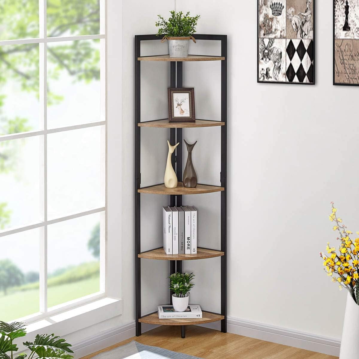 FATORRI Tall Corner Shelf, Industrial Corner Bookshelf, Wood and Metal ...