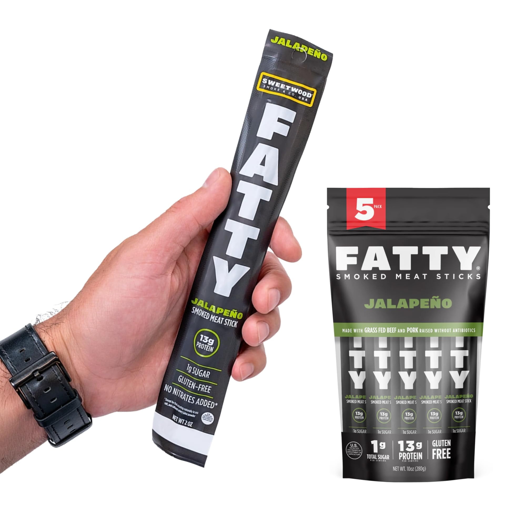 FATTY Grass-Fed Beef Smoked MZF22 Meat Sticks, Jalapeno Flavor, 13g ...