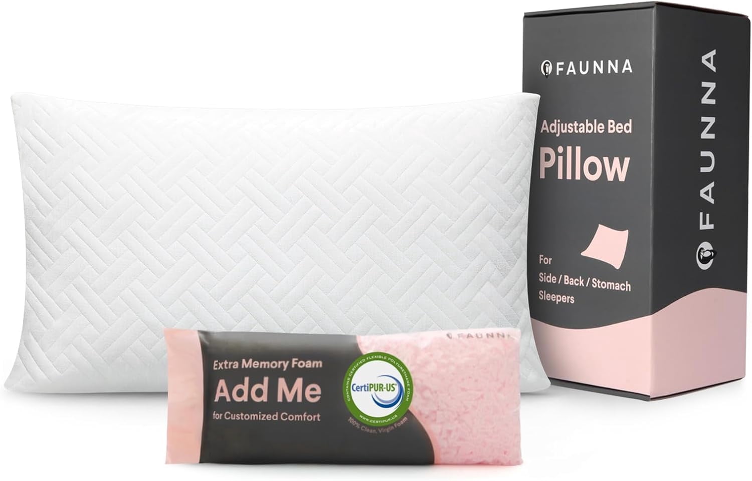 FAUNNA Shredded Memory Foam Pillow Adjustable with Washable Cotton ...