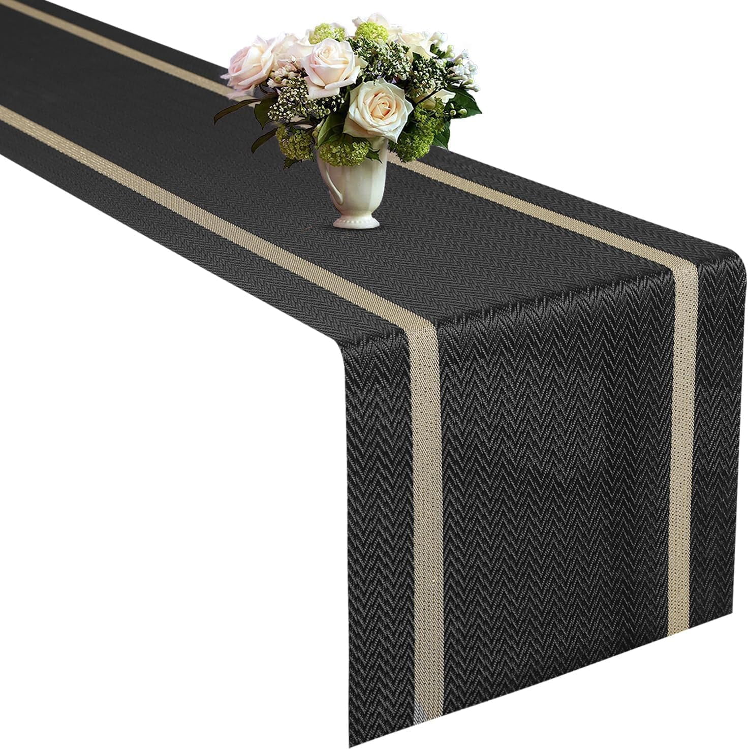 FAVE Woven Vinyl Table Runner Black Table Runner Woven with Golden ...