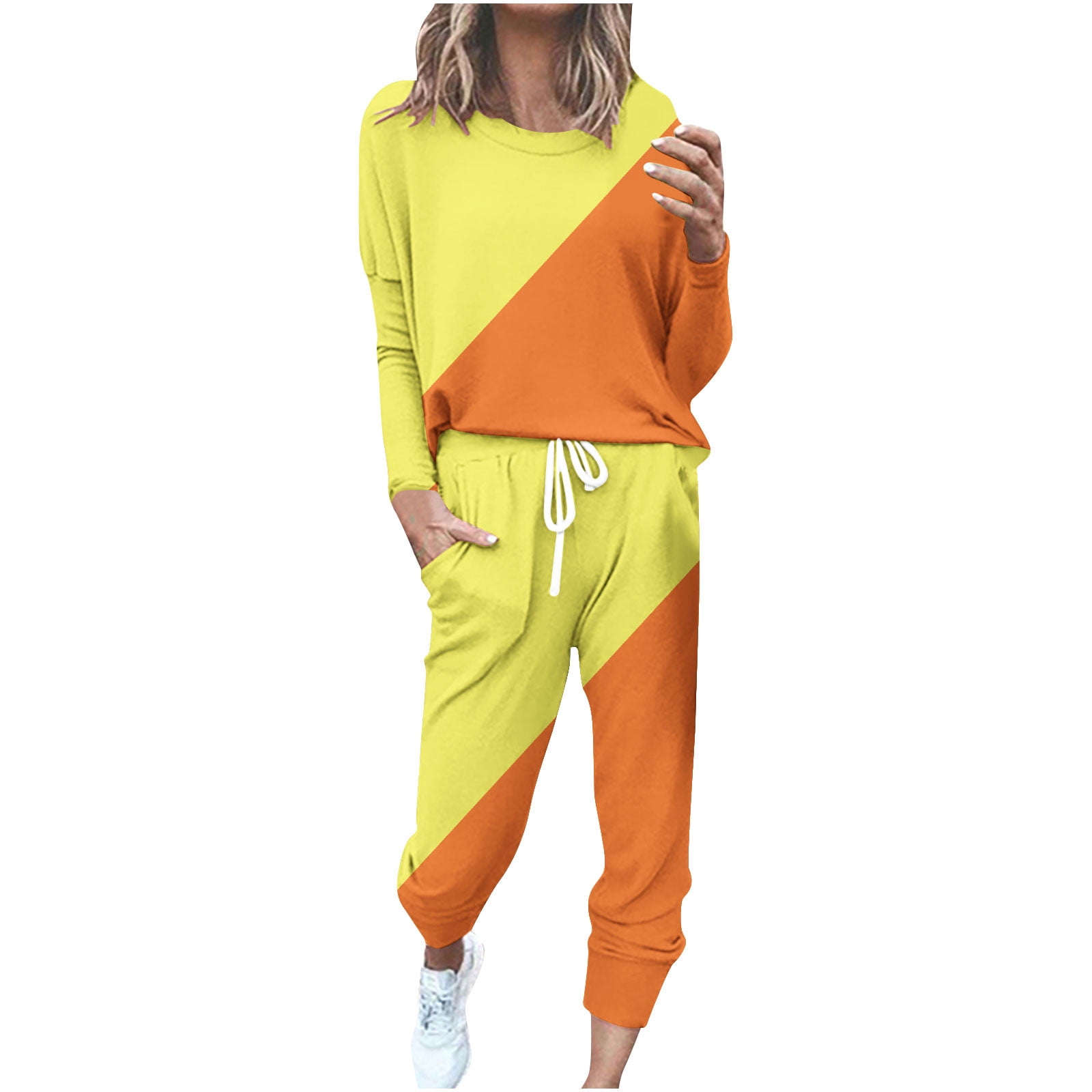 FAVIPT 2 Piece Jogger Sets for Women Color Block Tracksuit Lounge Set ...