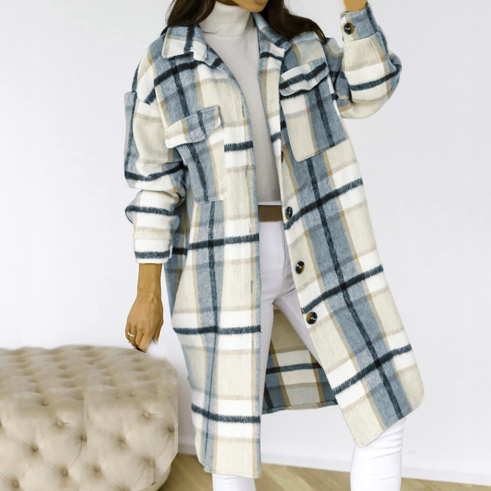 FAVIPT 2024 Color Block Plaid Shacket Jacket Womens Fall Outfits Long ...