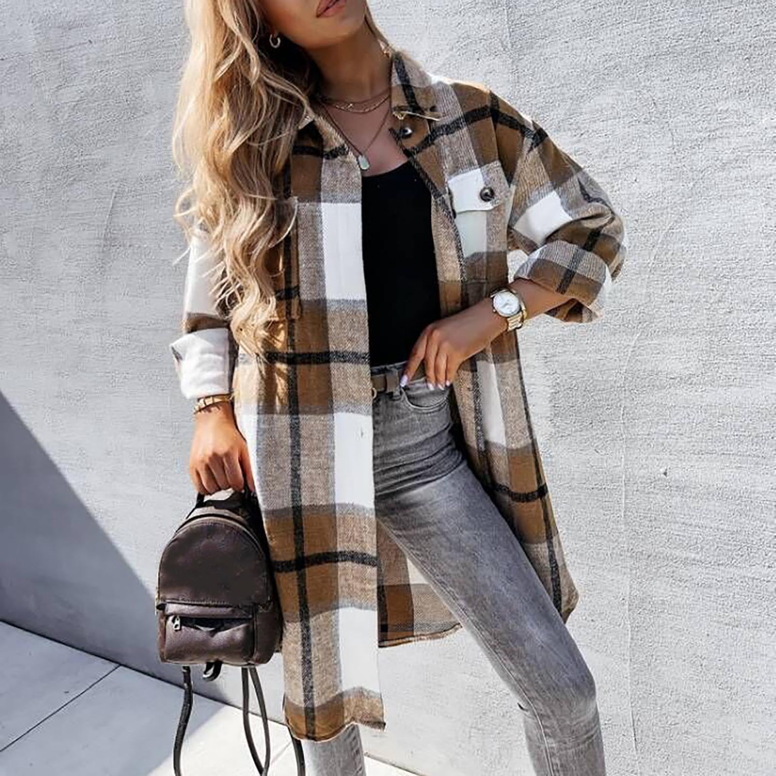 FAVIPT 2024 Color Block Plaid Shacket Jacket Womens Fall Outfits Long ...
