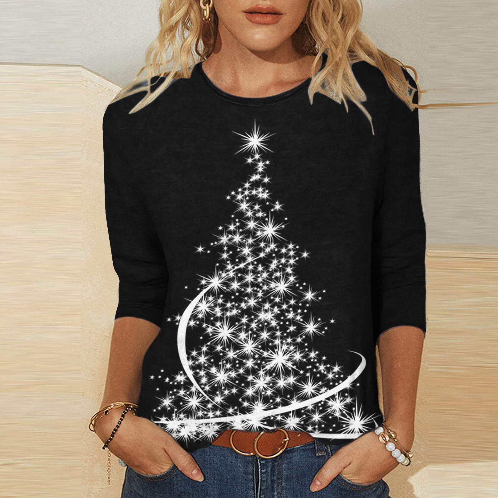 FAVIPT 3/4 Sleeve Christmas Tops for Women Glitter Xmas Tree Printed ...