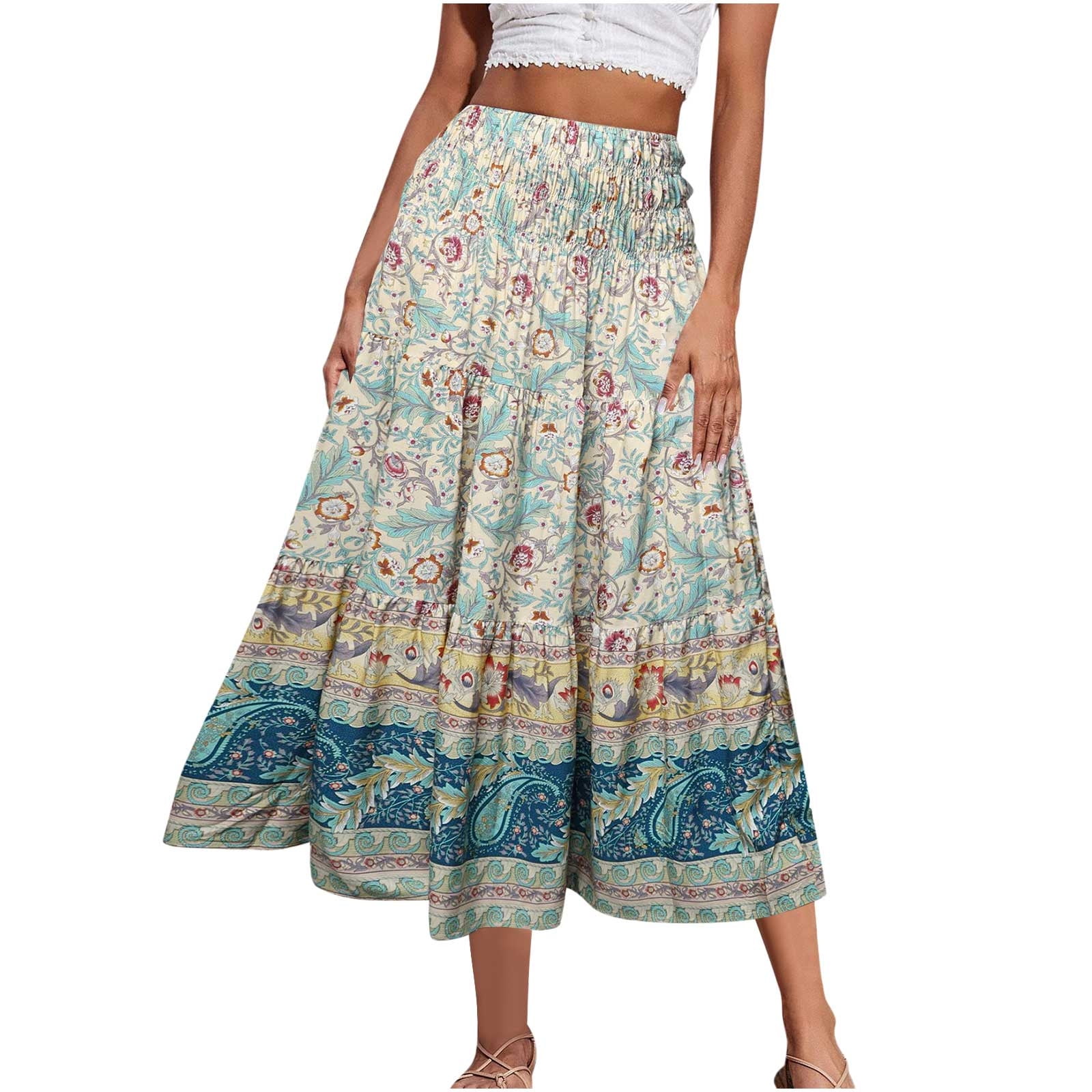 FAVIPT Boho Midi Skirts for Women Casual Summer 2025 Beach Skirts High ...