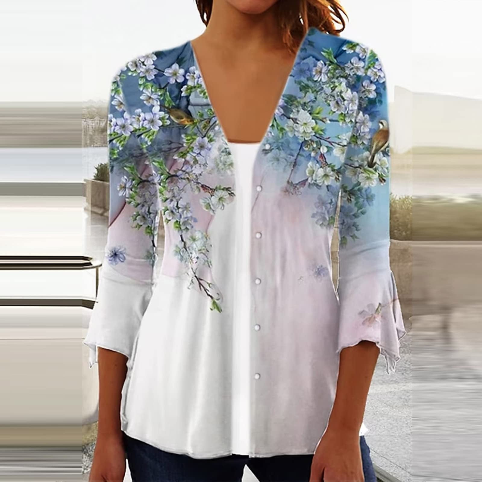 FAVIPT Cardigans for Women Boho Floral Print Button up Shirts Summer ...