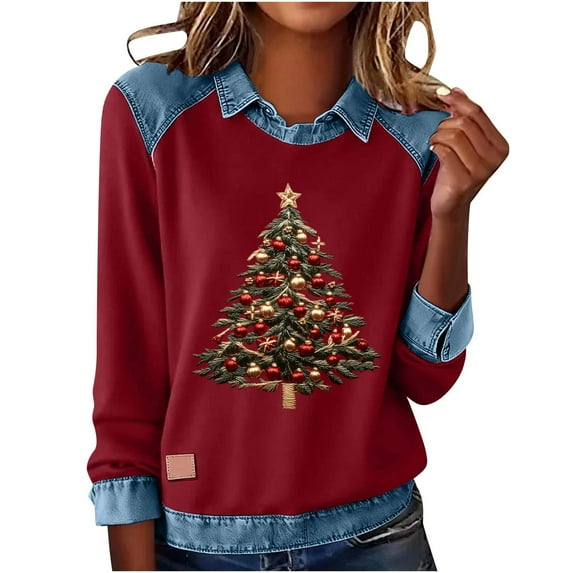 FAVIPT Christmas Tree Pullover for Women Casual Lapel Long Sleeve ...