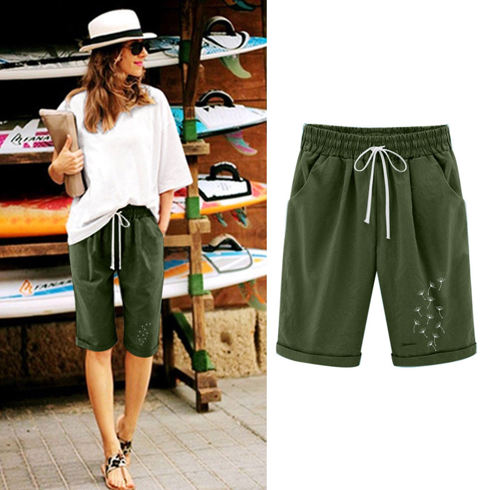 FAVIPT Cotton Bermuda Shorts for Women Drawstring High Waisted Summer ...