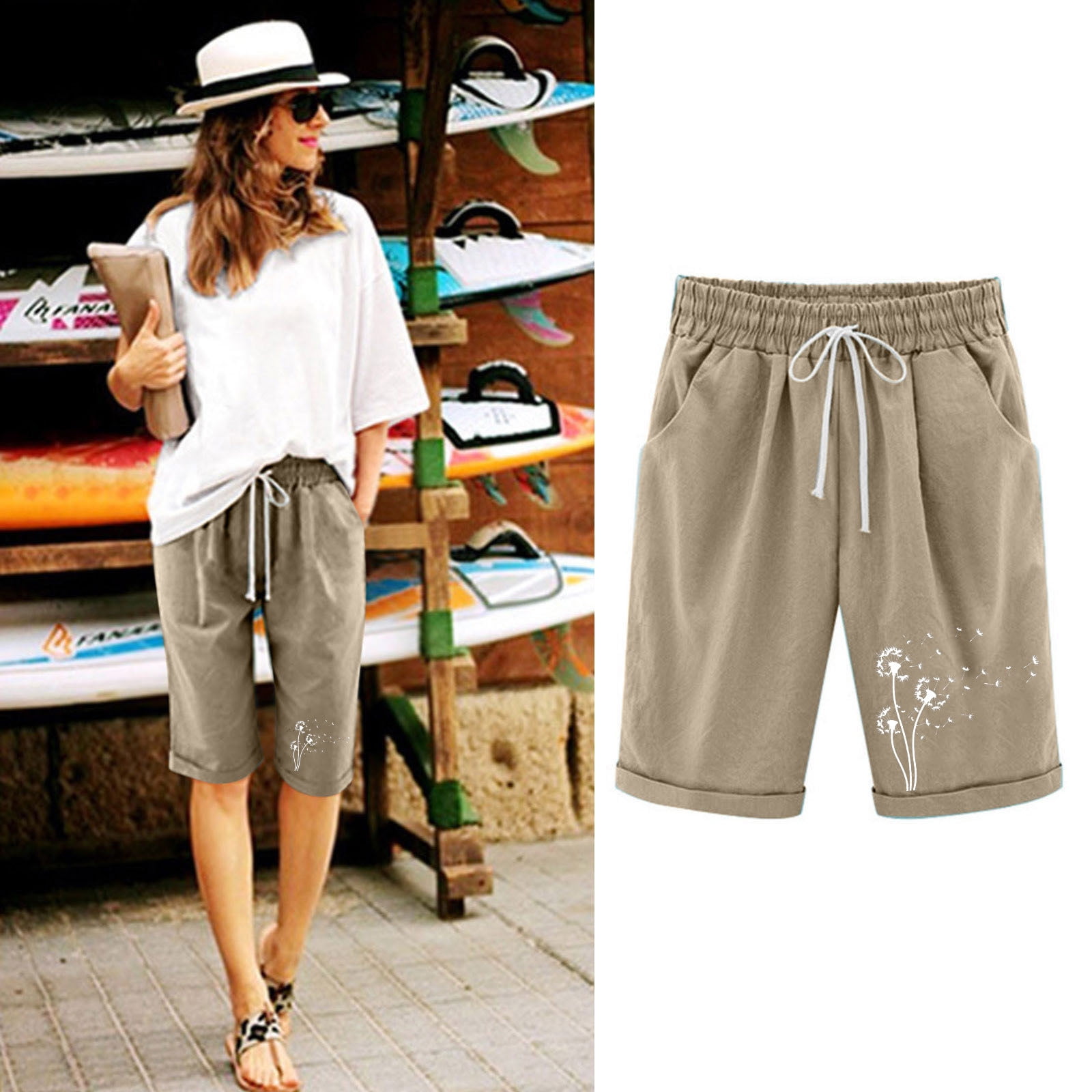 FAVIPT Cotton Shorts for Women Loose Fit Knee Length Bermuda Shorts ...