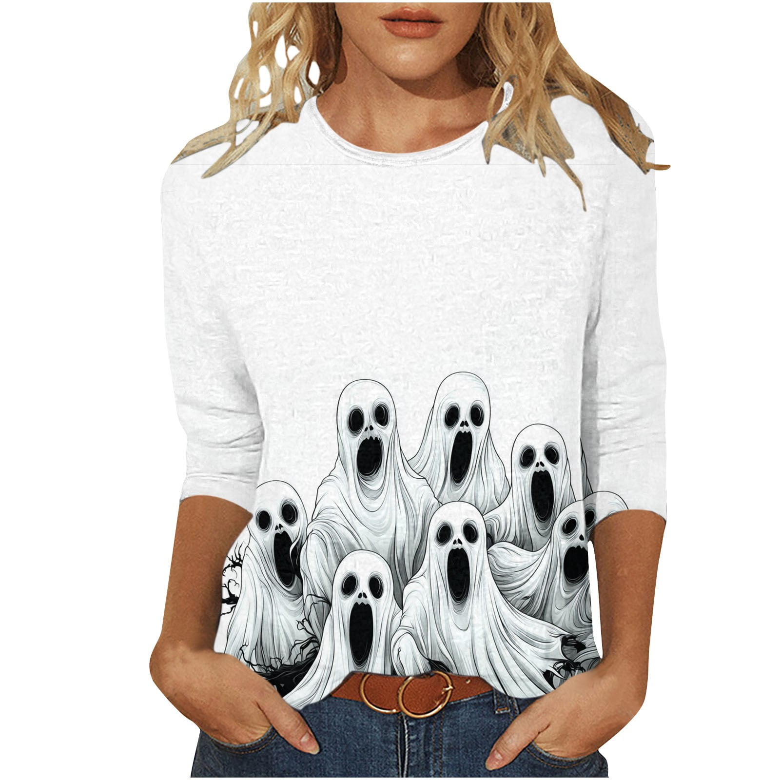 FAVIPT Cute Halloween Tops for Women Three Quarter Sleeve Round Neck ...