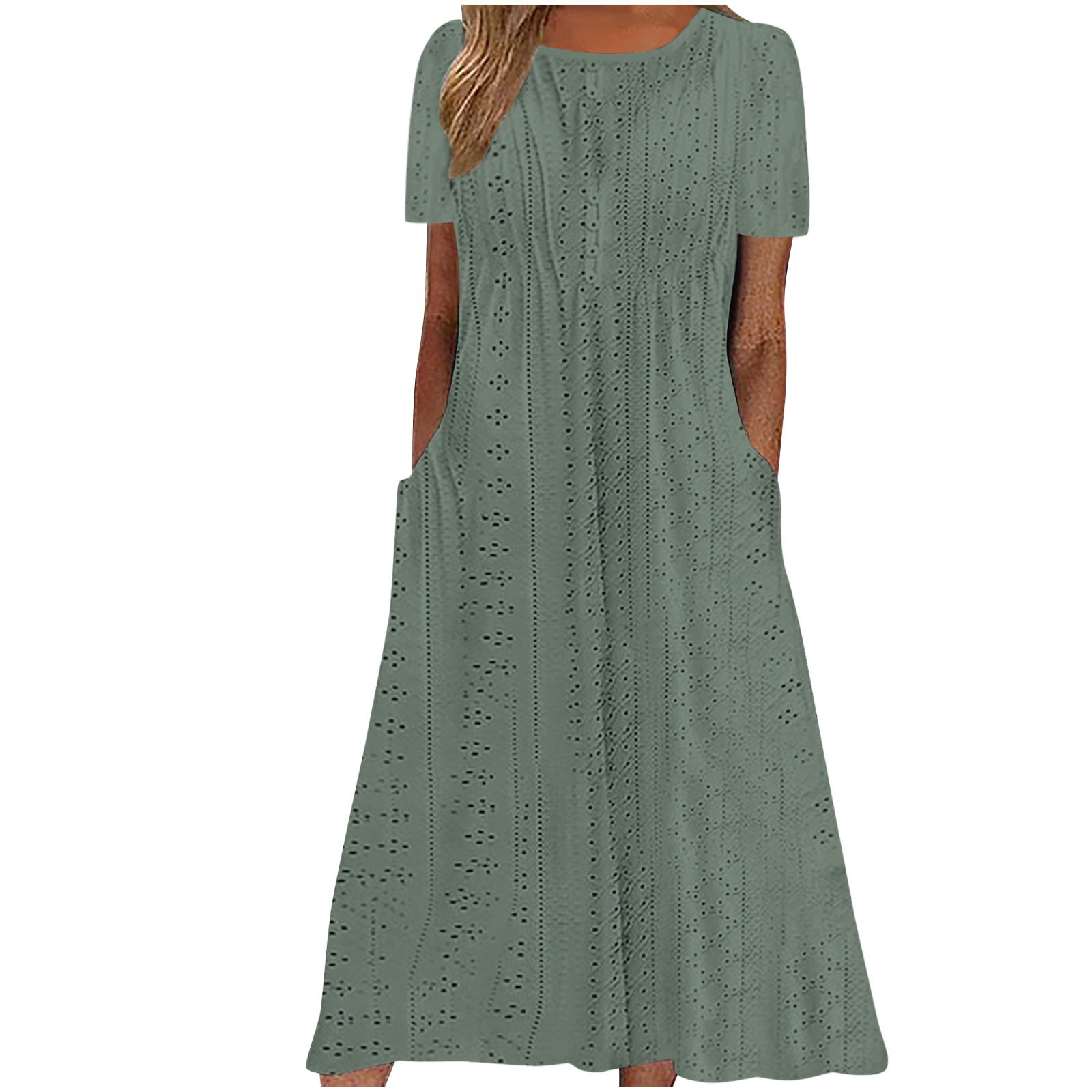 FAVIPT Dresses for Women Casual Eyelet Embroidery Short Sleeves Dress ...