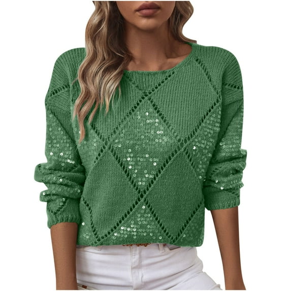 FAVIPT Fall Mesh Sweaters for Women Sequin Crochet Hollow out Pullover ...